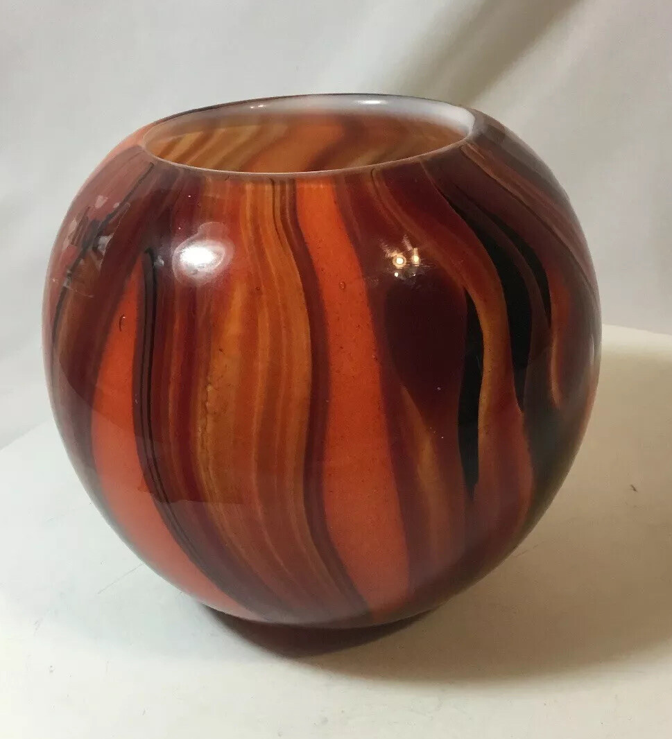 HQT Handmade Home Design Round Vase Molten Lava Orange Glass Blown 5”x5 ...