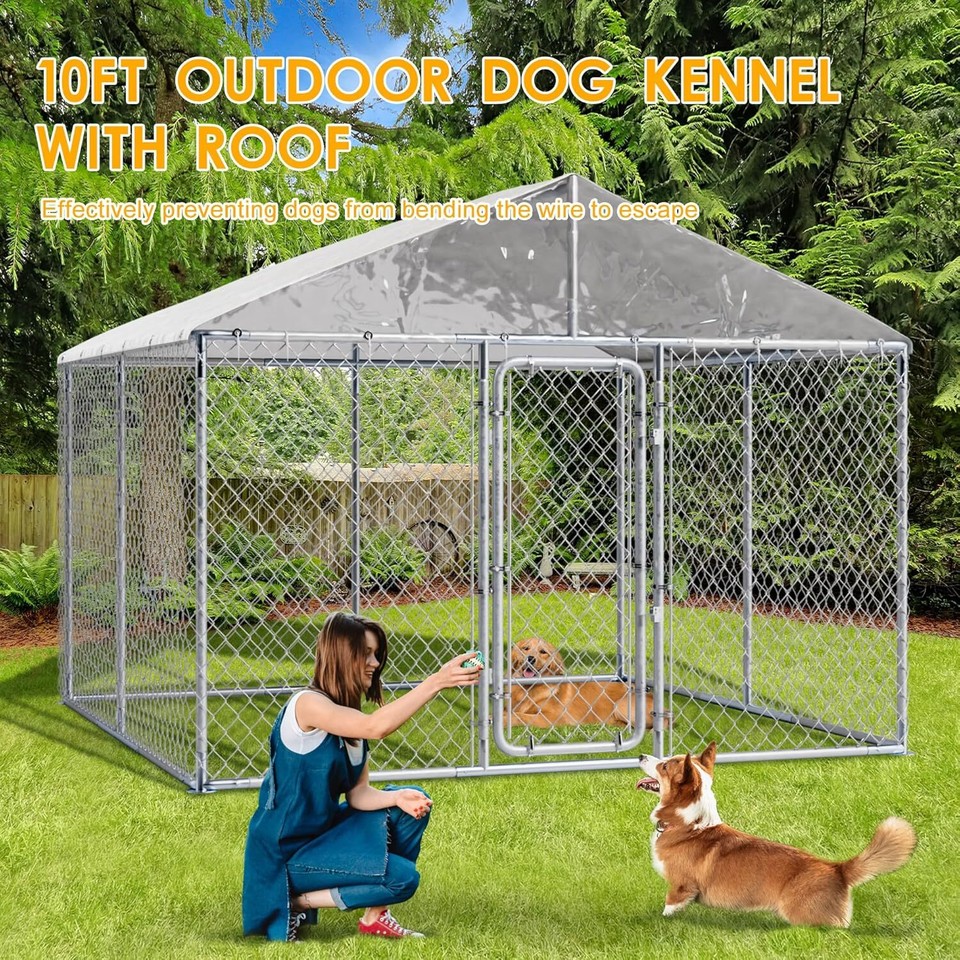 7.5 FT/10 FT Large Outdoor Dog Kennel with Roof Heavy Duty Dog Kennel ...