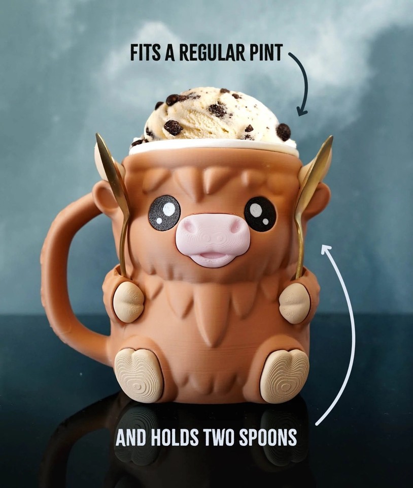 Ferdinand Highland Cow Ice Cream Pint Holder with Spoon Slots & Snack ...