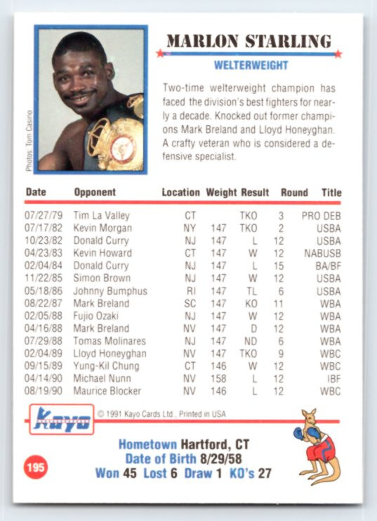 MARLON STARLING WELTERWEIGHT BOXER Kayo Boxing Trading Card 1991 B175 ...