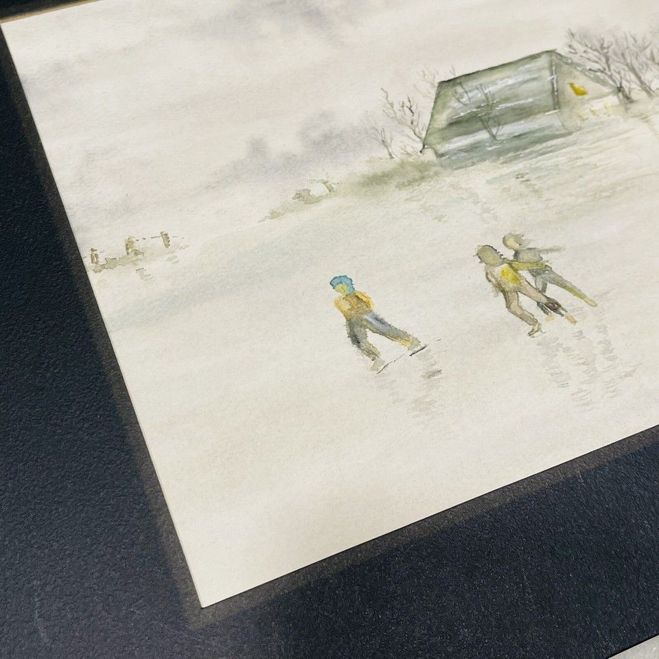 Ice Skating On Pond Winter Scene Landscape Watercolor On Paper Original ...