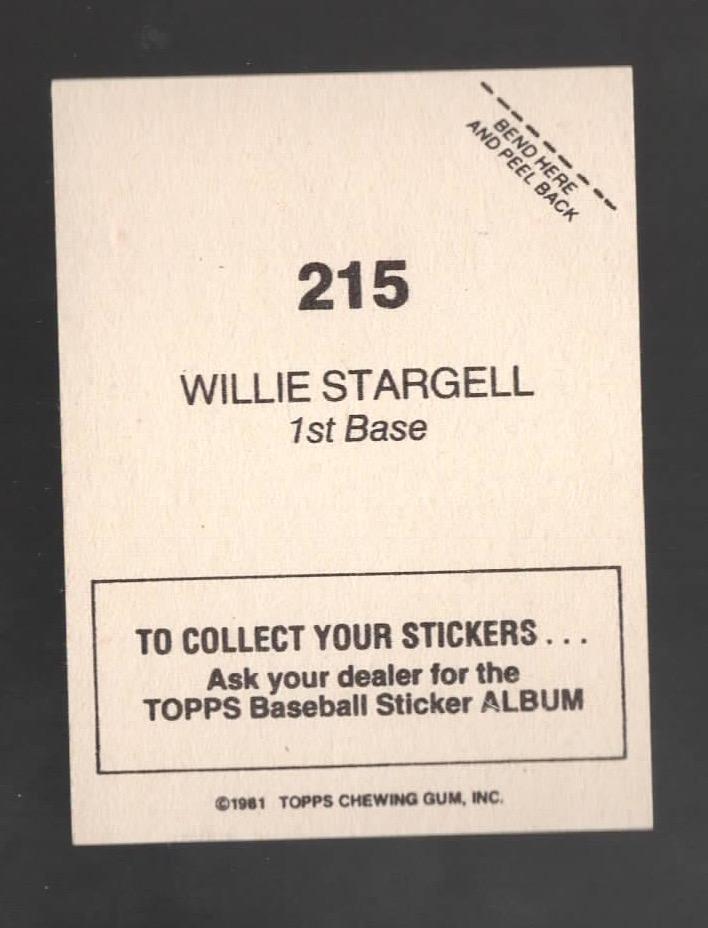 1981 Topps Stickers Willie Stargell Pittsburgh Pirates #215 Excellent ...