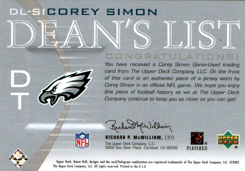 COREY SIMON 2003 UPPER DECK DEAN'S LIST GAME USED 120/200 EAGLES MINT ...