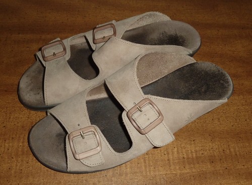 CLARKS SPRINGERS 'TAUPE' NUBUCK LEATHER 2-STRAP SLIDE SANDALS - LADIES ...