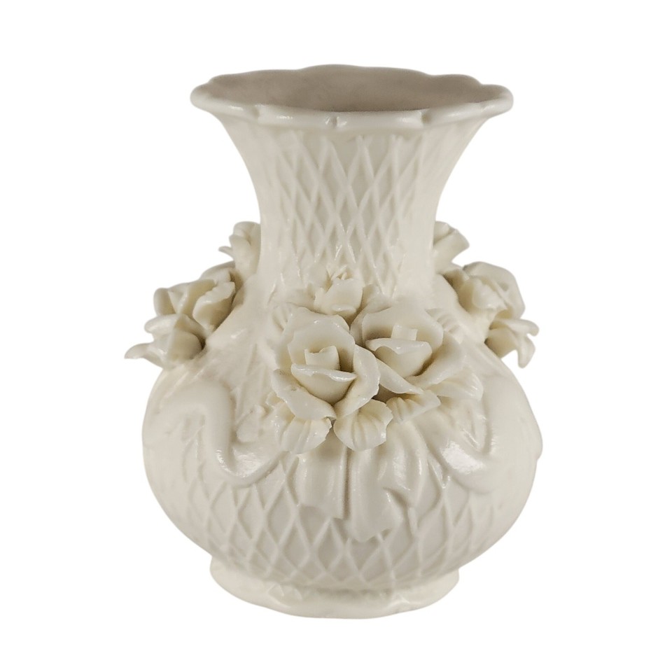 Ceramic Flower Vase Cream 4.5" Raised Roses Ribbons Lattice Textured ...