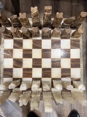 RARE Aztec Onyx Marble Stone Hand Carved Brown Cream Chess Set 15.5 ...