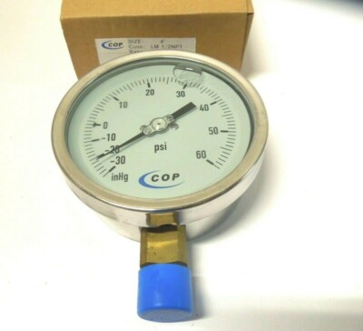Vacuum Gauge 30" Hg VAC-0-60 psi, 4" FACE, SS Case BRZ 1/2" NPT LM ...