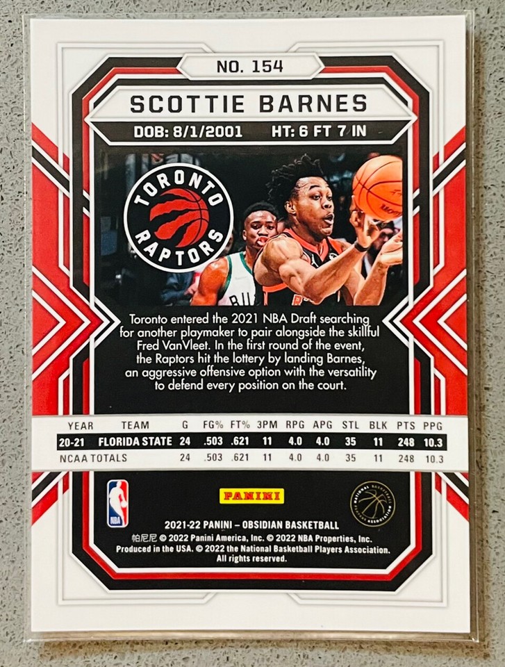 2021-22 Panini Obsidian Basketball #154 Scottie Barnes Rookie RC Card ...