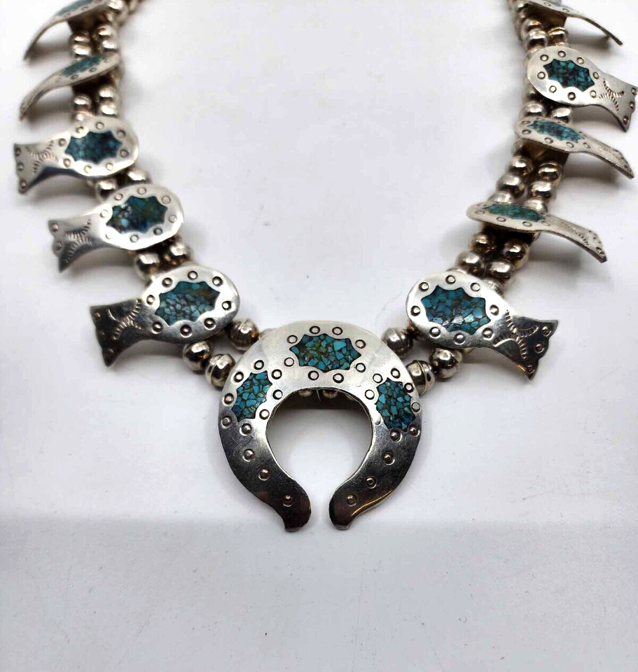 NATIVE AMERICAN STERLING SQUASH BLOSSOM TURQUOISE CHIP INLAY NECKLACE ...