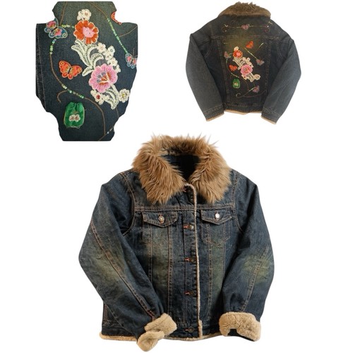Vintage 90s Fur Denim Jacket Small Embroidered Patches, Beads Floral ...