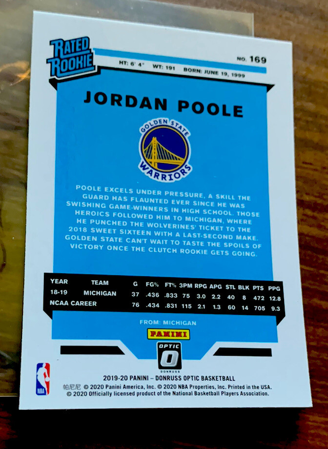 Jordan Poole 2019-20 Donruss Optic Rated Rookie RC # 169, Golden State ...