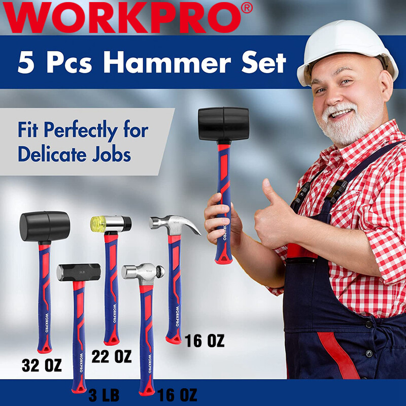 WORKPRO Hammer Set 5PC 16oz Claw Hammer 32oz Rubber Mallet 3lb Sledge ...