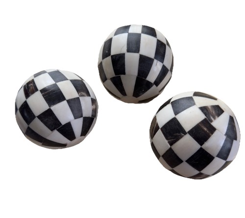3 Checkered Inlay Black White and Ivory Decorative Balls 3-4" With ...