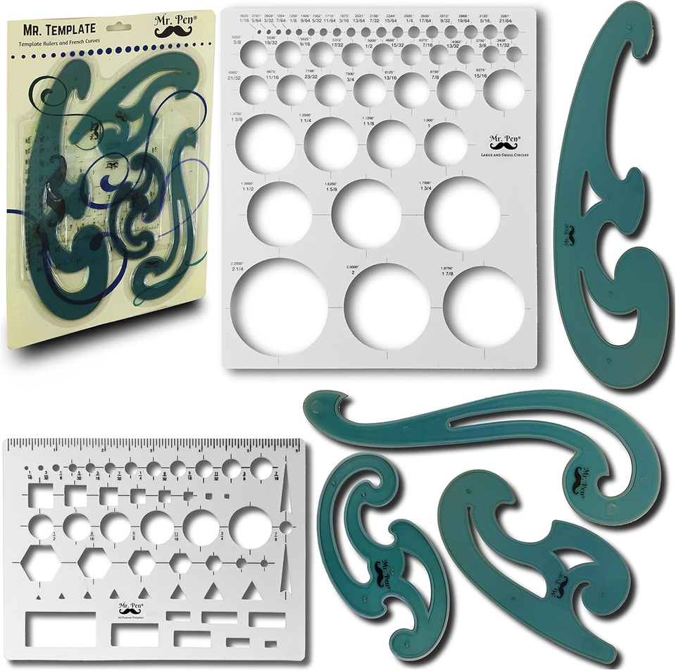 French Curve and Template Ruler Set(6 Pc), Stencils, Clear Drawing ...