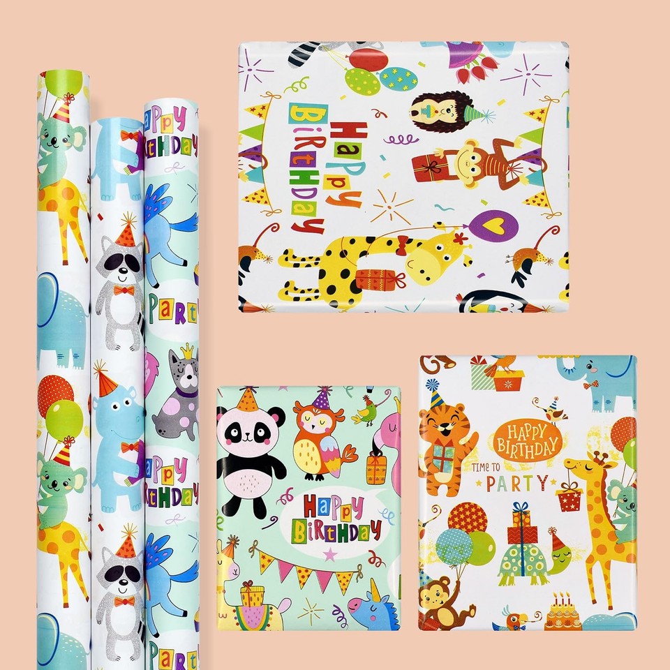 3 Rolls 17in x 10ft Animal Wrapping Paper, Reusable Happy Birthday Gift ...