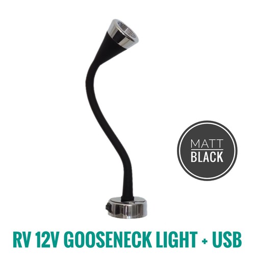 RV Caravan matt black 12V LED reading gooseneck spot light + USB ...