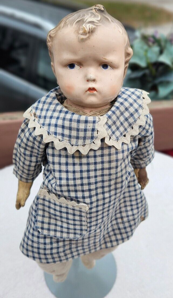 15" Antique Vintage blonde composition straw pouty face character face ...