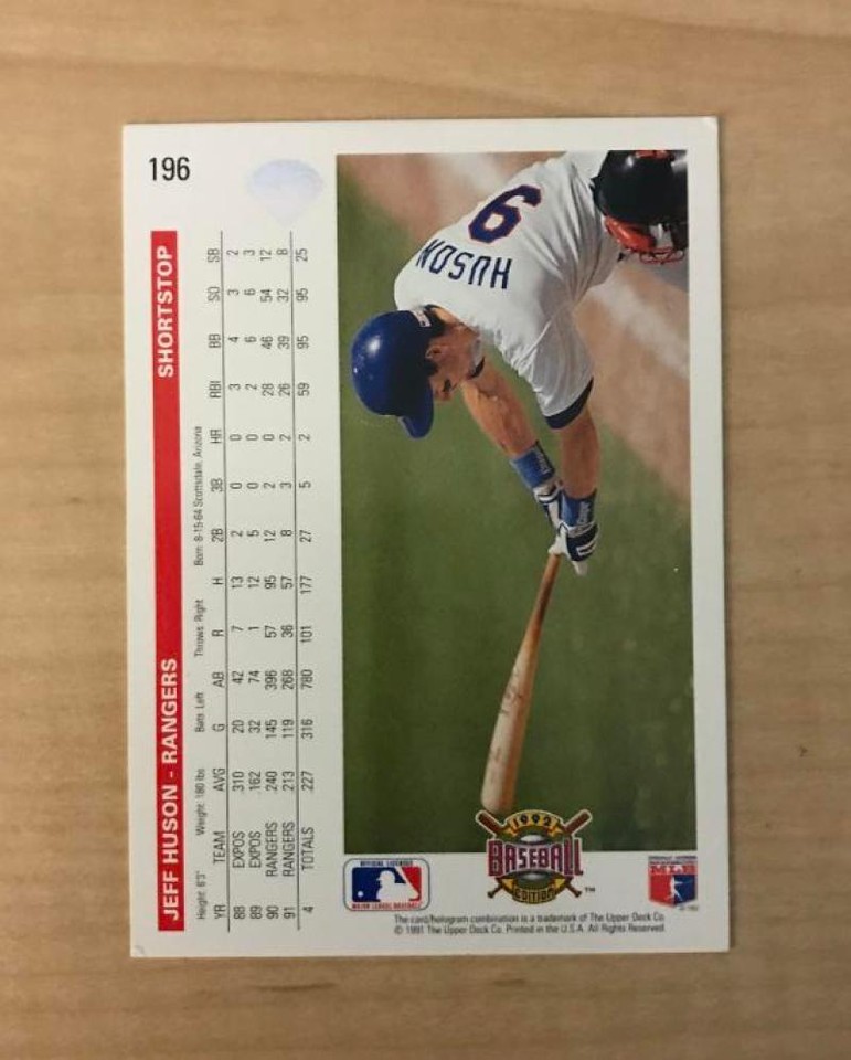 JEFF HUSON TEXAS RANGERS SIGNED AUTOGRAPHED 1992 UPPER DECK CARD #196 W ...