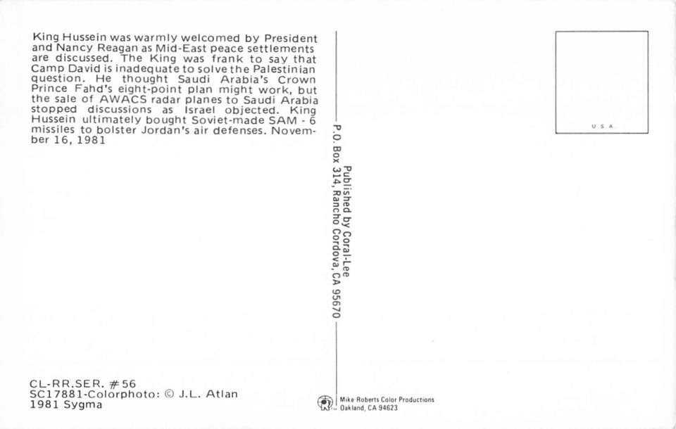 President Ronald & Nancy Reagan King Hussein Postcard | eBay
