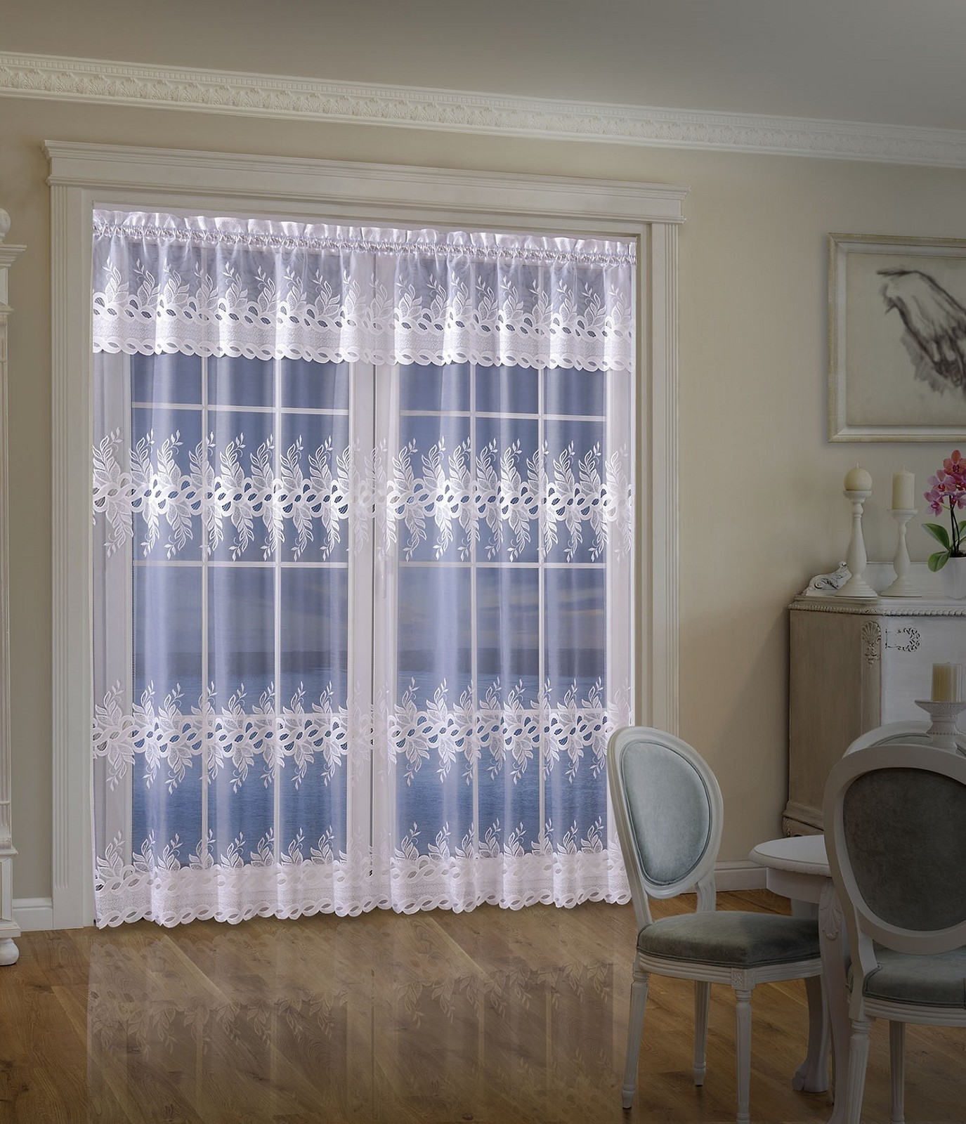 BEAUTIFUL FLORAL WHITE READY MADE NET CURTAIN PANEL WINDOWS DOORS WITH ...