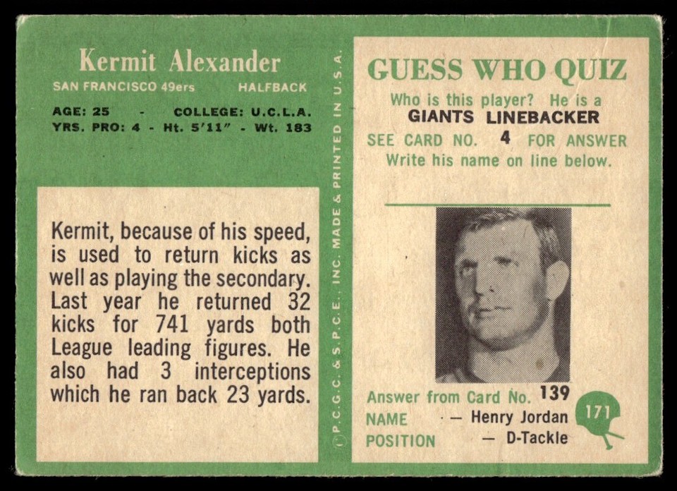 1966 Philadelphia Football Card Kermit Alexander San Francisco 49ers ...