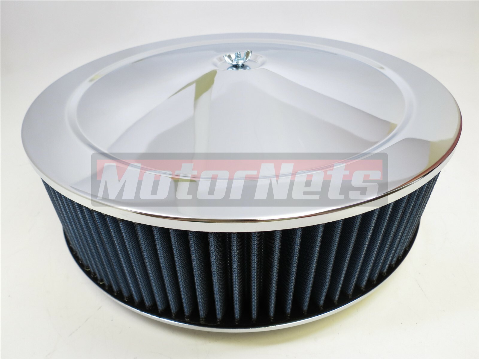14" x 4" Round Chrome Blue Washable Air Cleaner Flat Base Ford Chevy ...