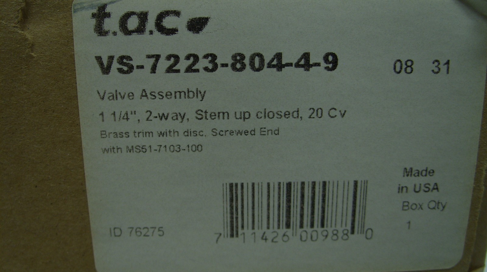 TAC - 1-1/4" 2-WAY HVAC CONTROL VALVE ASSEMBLY VS-7223-804-4-9 - for ...