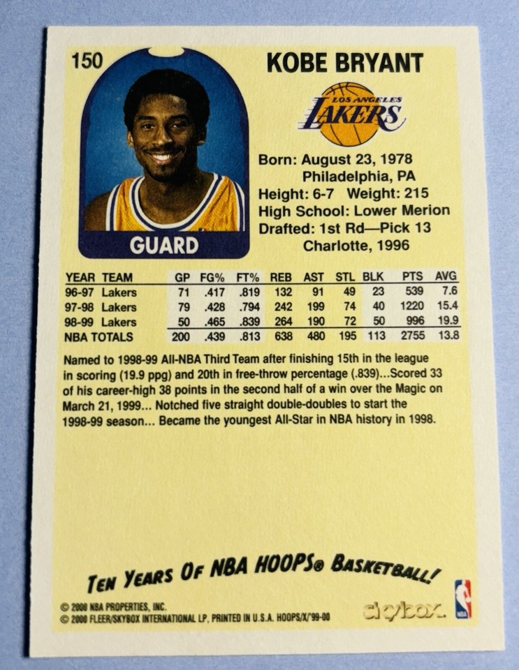 1999-00 Skybox NBA Hoops Kobe Bryant Decade Card #150 Lakers | eBay