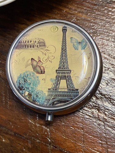 Vtg 2 inch Brass 3 Sectioned Pill Box Eiffel Tower, Butterfly & Roses ...