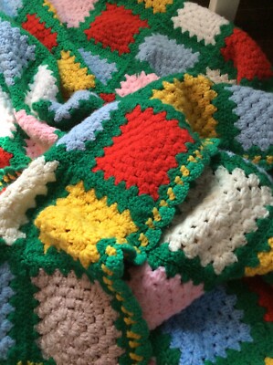 Vintage Handmade Granny Square Quilt Mid Century Modern Boho Bright ...