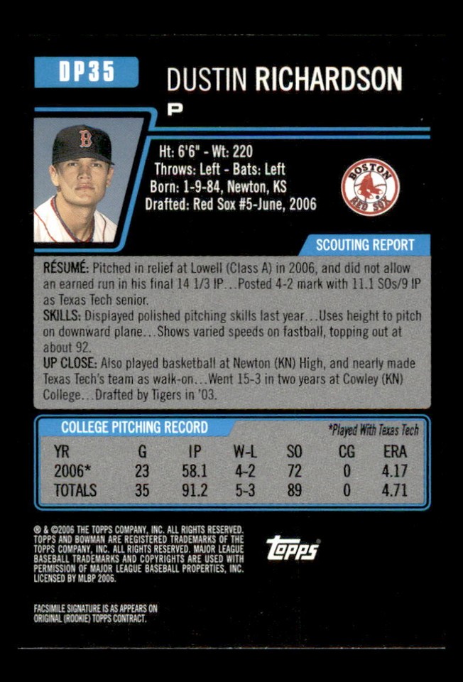 2006 Baseball Bowman 1st Card Dustin Richardson Boston Red Sox #DP35 ...