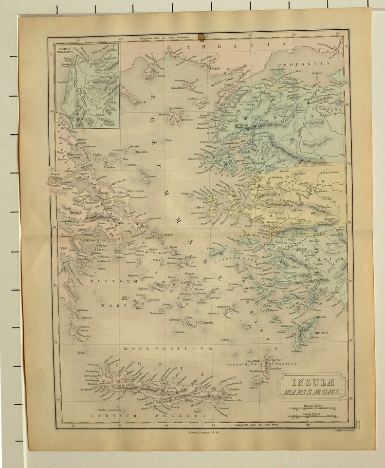 1868 HAND COLOURED ANCIENT MAP INSULAE MARIS AEGAEI CAMPUS TROJANUS ...