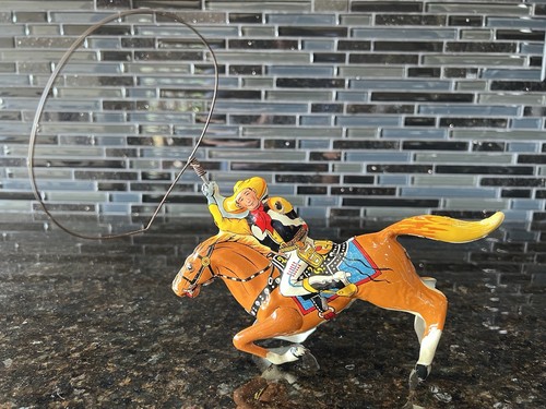 Vintage 1930s Marx Tin Wind-Up Toy Roping Rodeo Cowboy Riding Horse ...