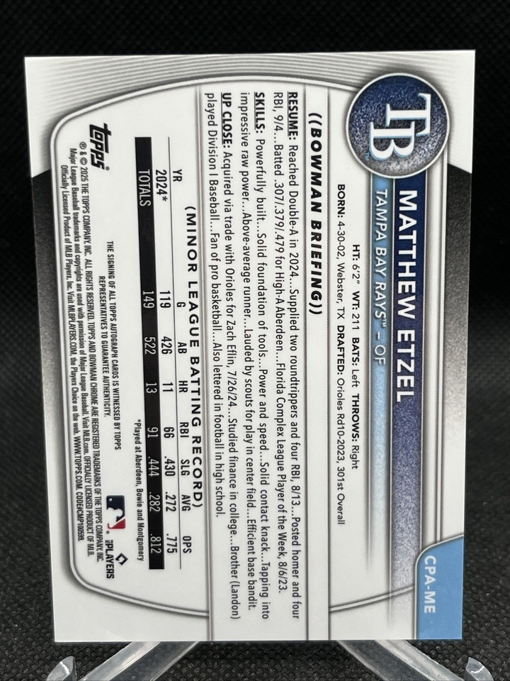 2025 Bowman Chrome 1st Auto Purple /250 #CPA-ME Matthew Etzel Rays | eBay