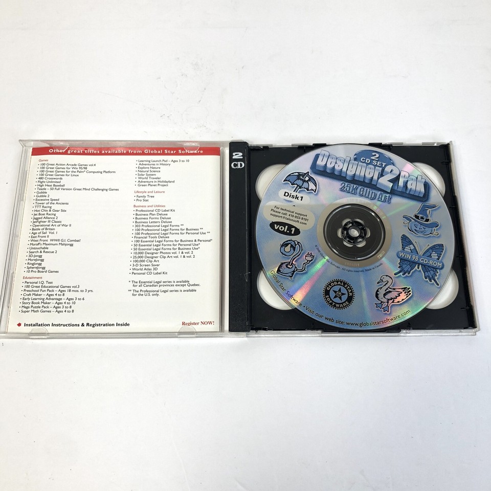 Windows 98 CD-ROM, Volume 1 Designer 2 Pak, 2 CD Set, 25K Clip Art ...