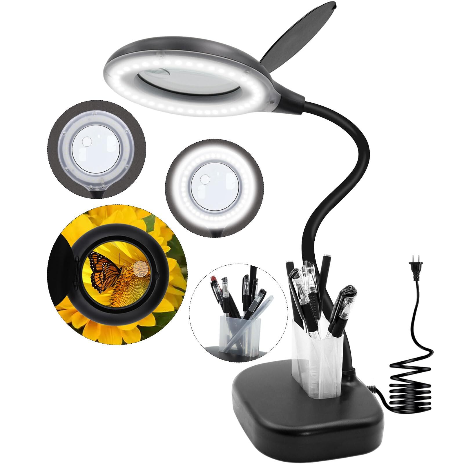 2-in-1 10X Magnifying Glass with Light and Stand, Flexible Gooseneck ...