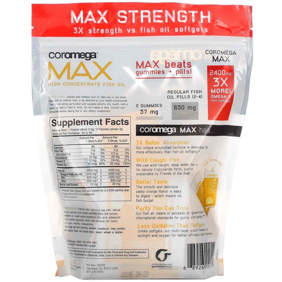3 X Coromega, Max High Concentrate Omega-3 Fish Oil, Citrus Burst, 90 ...