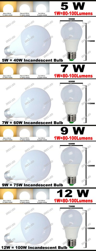 5W 7W 9W 12W LED A19 Light Bulbs Equivalent 40W 60W 75W 100W ...