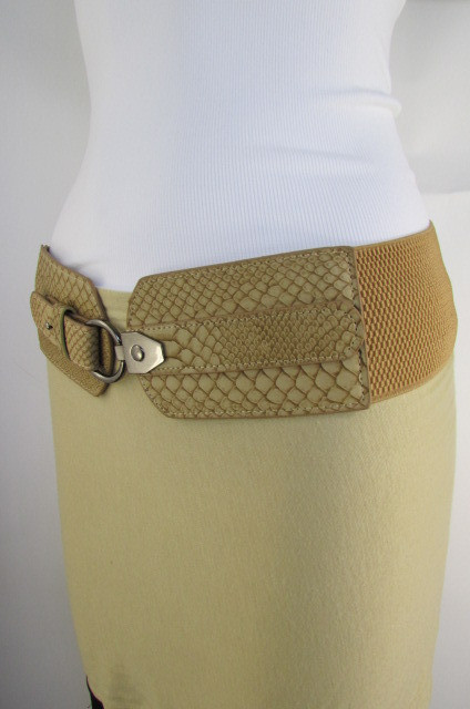 Women Black White Beige Elastic Fashion Belt Snake Skin Wide Faux ...