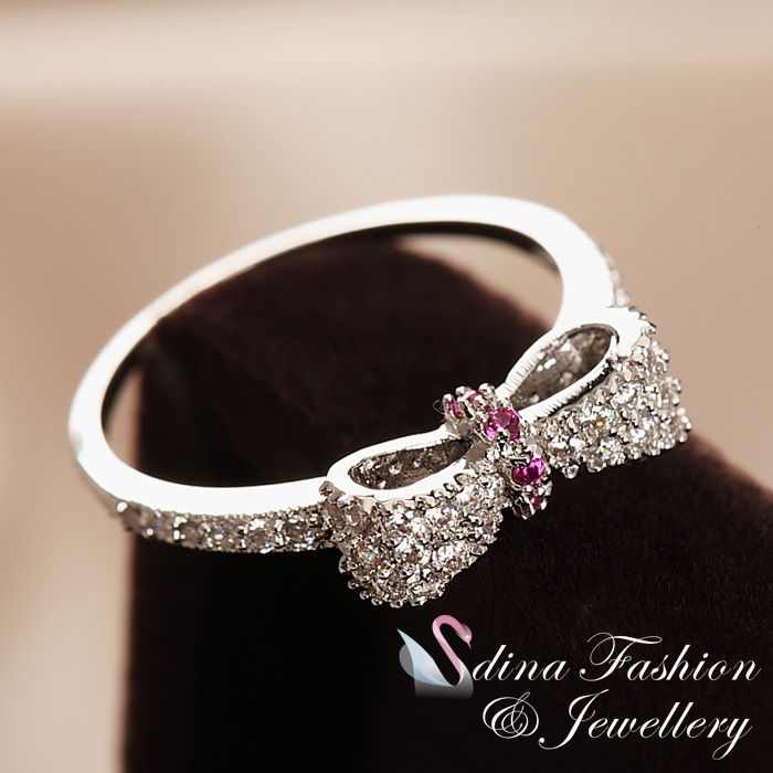 18K White Gold Plated Made With SWAROVSKI Crystal Pink Silver Bow-knot ...