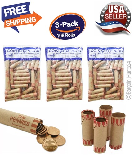 108 Rolls Preformed Pennies Coin Wrappers Tubes 50 Cent (Pack of 3 ...