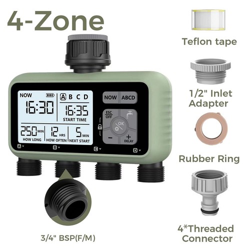 4 Zone Water Sprinkler Timer Automatic Irrigation LCD Display for Lawn ...