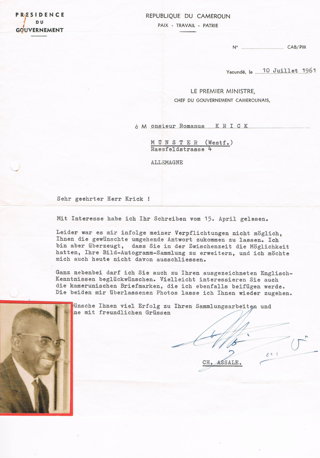 Cameroon Prime Min Charles Assalé 1911-99 genuine autograph signed 8 ...