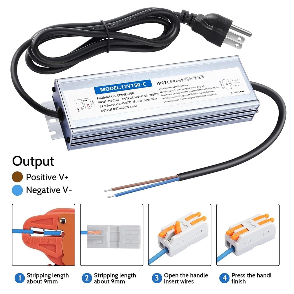 LED Driver 150 Watts Waterproof IP67, 12V DC Power Supply 12.5A, 120V ...