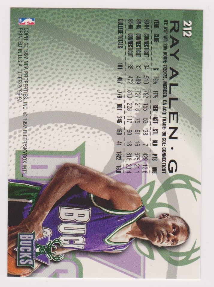 1996-97 Fleer Ray Allen Rookie card #212 Milwaukee Bucks NBA | eBay