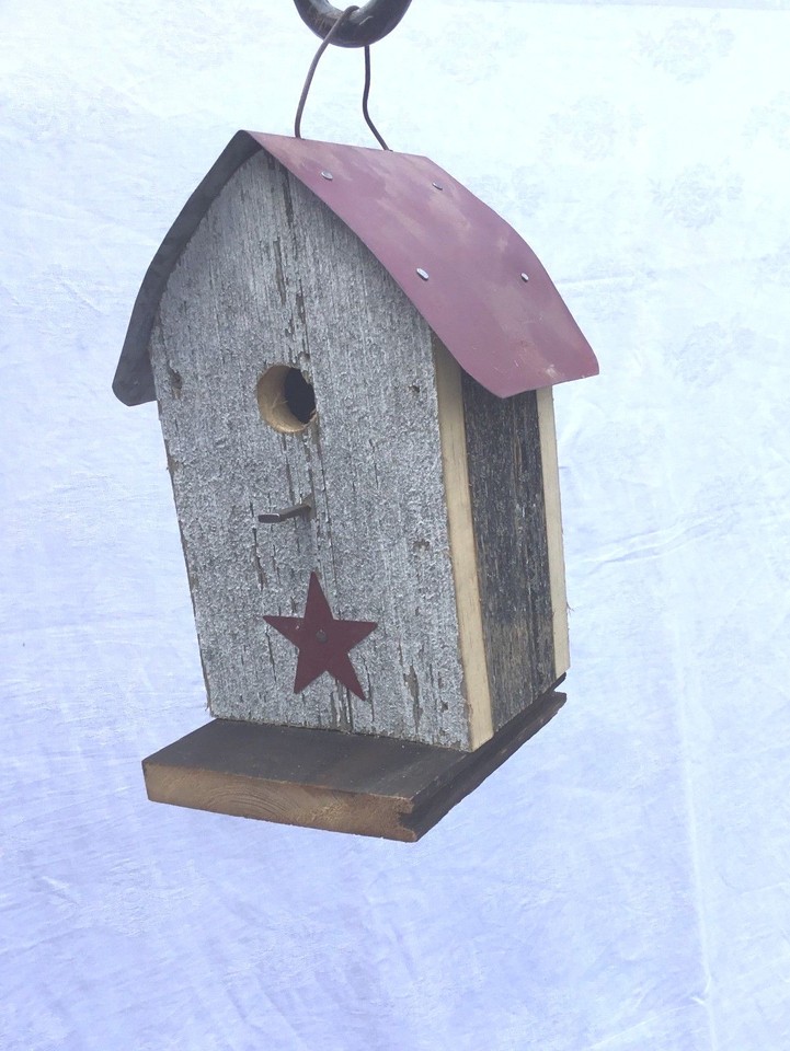 Barn Wood Round Roof Wren Bird House w/ Wire Hanger & Clean Out- Red ...