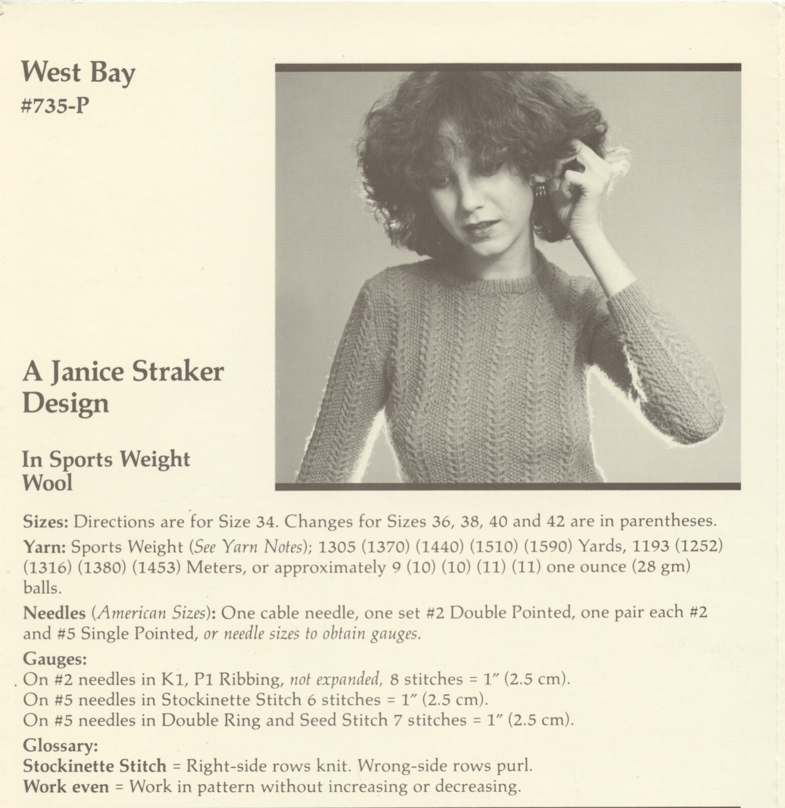 A Classic Straker Design Knitting Pattern 735-P West Bay Sweater Women ...