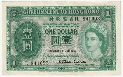 Hong Kong British Admin 1 Dollar Banknote 1955 EF/ChVF Pick#324A-A ...