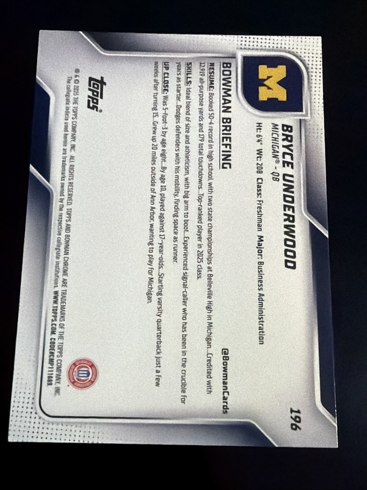 Bryce Underwood 2025 Bowman U Chrome Football Pink Lava Refractor 1st ...