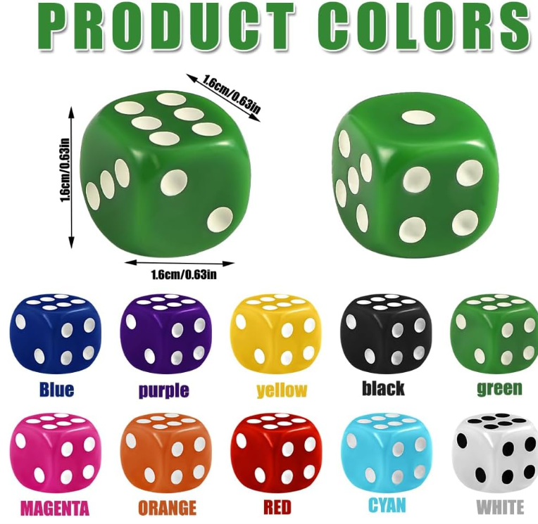 100pcs 16mm Game Bulk Dice 10 Colors Acrylic 6 Sided Dice Set for ...